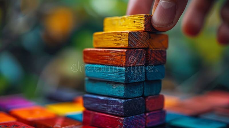 The Process of Folding a Pyramid of Multi-colored Wooden Blocks. Stock ...