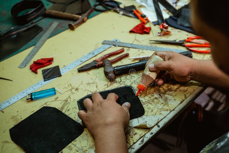 The Process of Gluing Leather Tanned Leather Craft Materials Stock ...