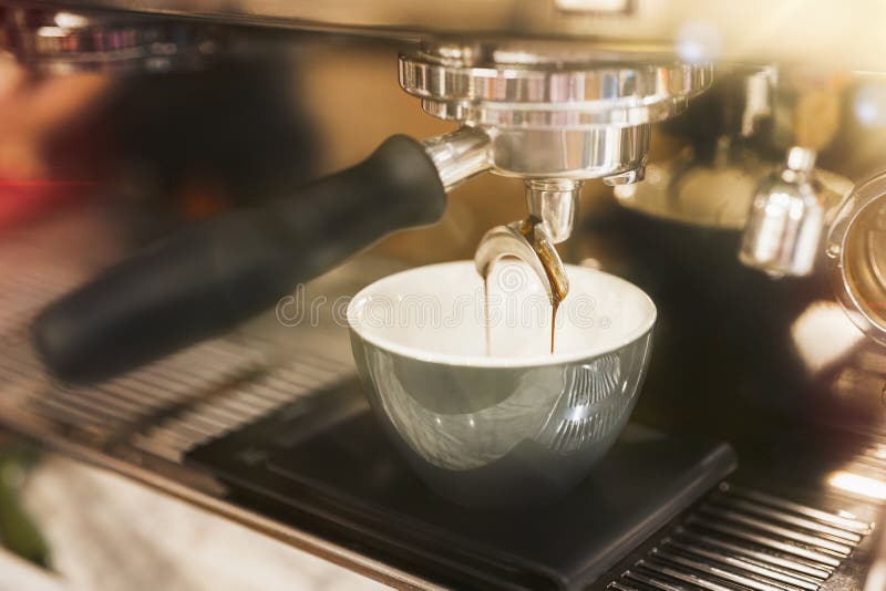 Process of Hot Coffee Drink Making Using Professional Coffee Machine ...