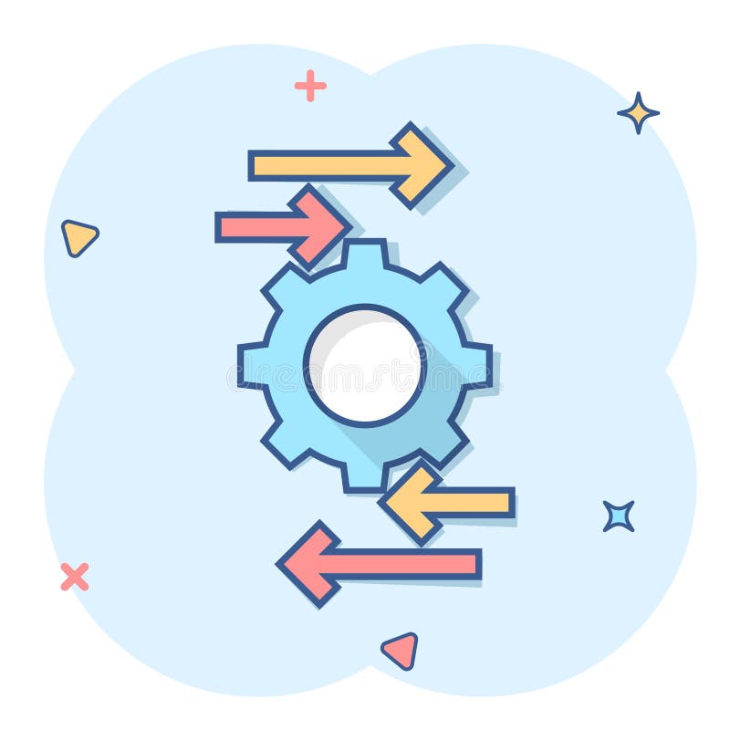 Process Icon in Comic Style. Arrow and Gear Cartoon Vector Illustration ...