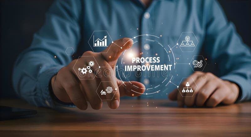 Process Improvement with Hand Touching Digital Interface Icons Stock ...