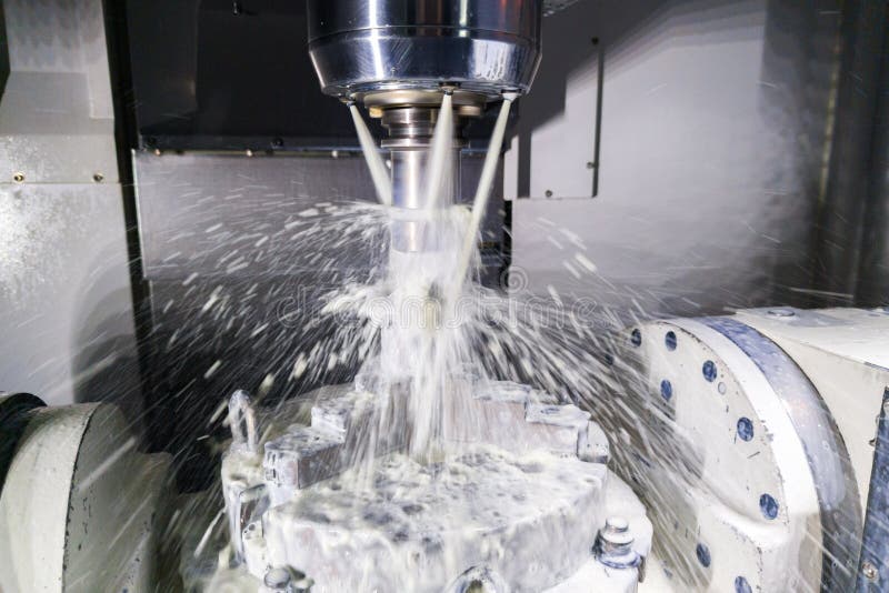 A Process Of Industrial Wet Milling In 5 Axis Cnc Machine With Coolant