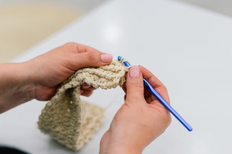 Process of Knitting on White, Female Hands Stock Image - Image of hand ...