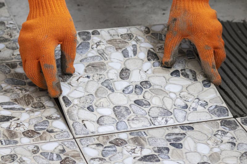 Process of Laying Ceramic Tiles on Floor Smeared with Glue. Worker`s ...