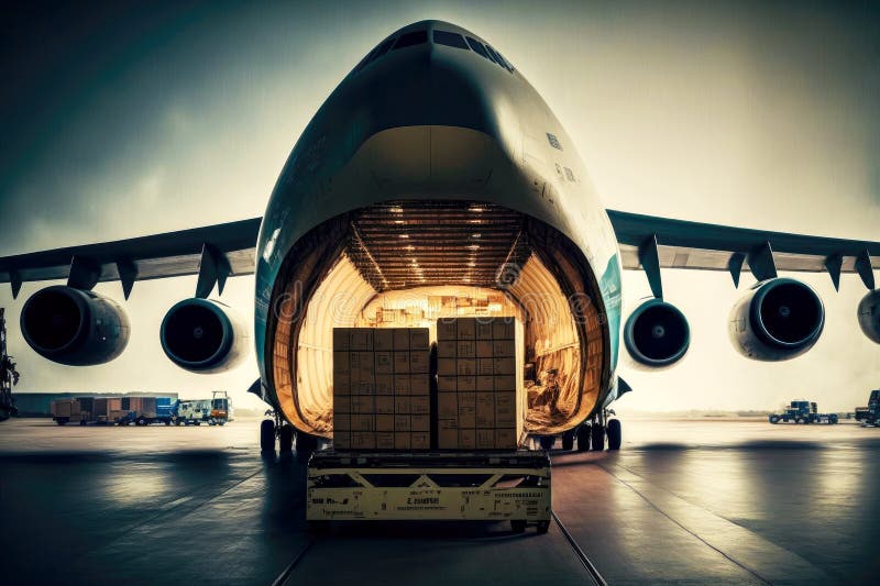 Process of Loading Goods in Large Boxes into Hold of Cargo Plane Stock ...