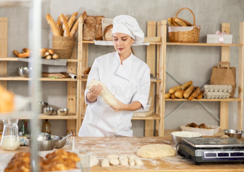 Process of Making Baguette, Loaf or Bread in Bakery - Female Baker ...