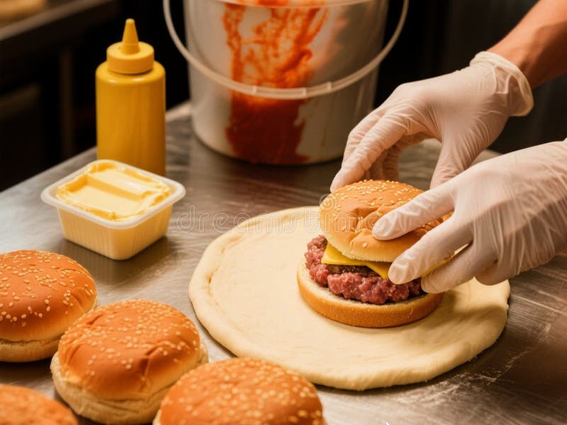 The Process of Making Burger Buns at the Meat Placement Stage is ...