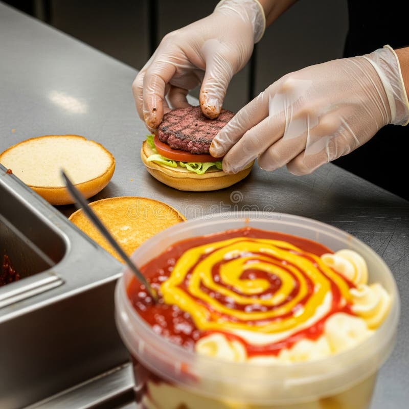 The Process of Making Burger Buns at the Meat Placement Stage is ...