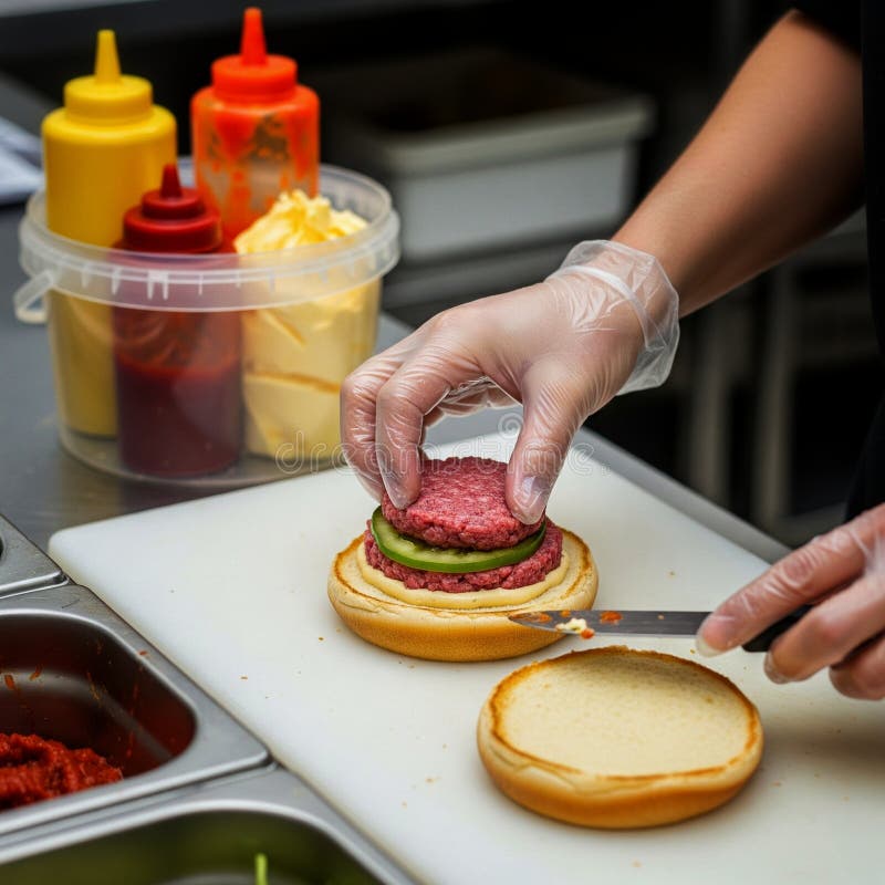 The Process of Making Burger Buns at the Meat Placement Stage is ...