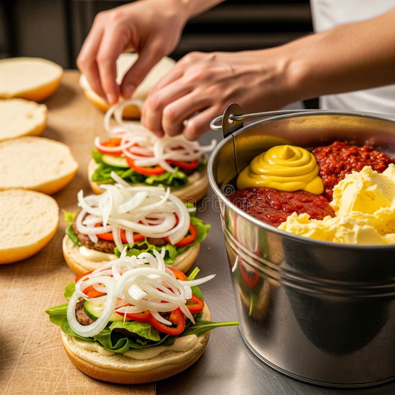 The Process of Making Burger Buns at the Stage of Arranging the Onions ...