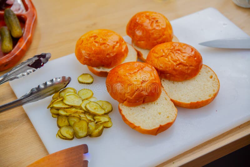 The Process of Making a Burger in the Kitchen Stock Image - Image of ...