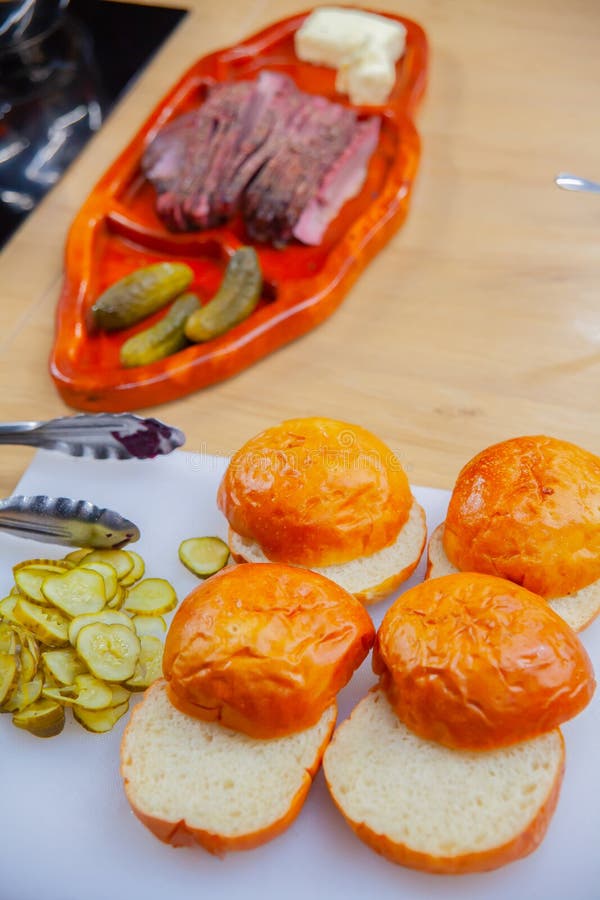 The Process of Making a Burger in the Kitchen Stock Photo - Image of ...