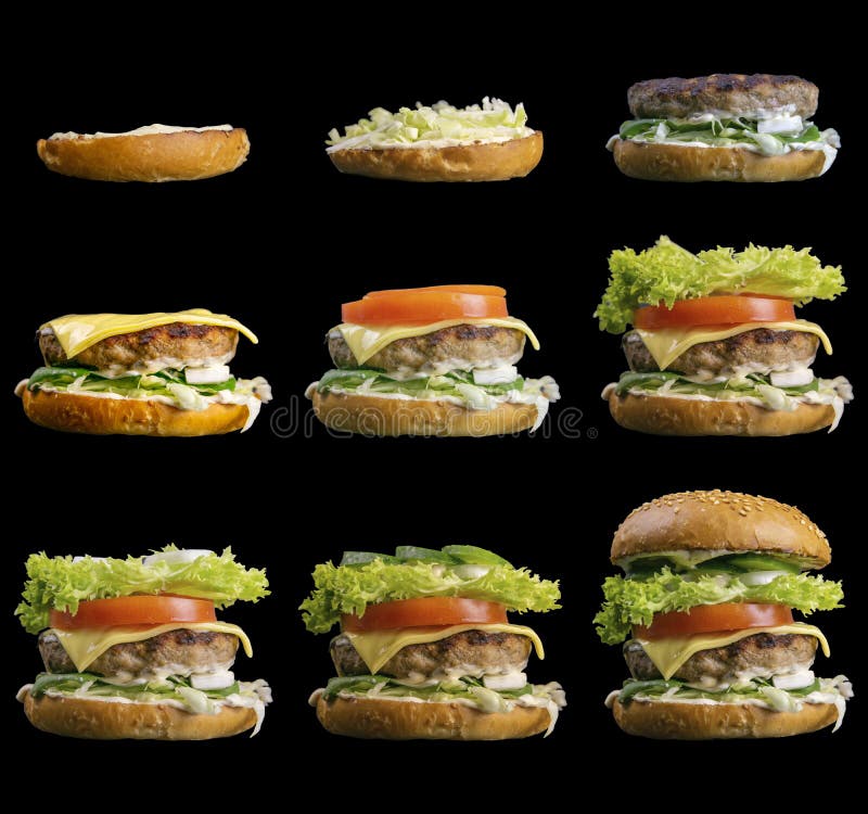 Process Making of Burger, Step by Step Isolated on Black Background ...