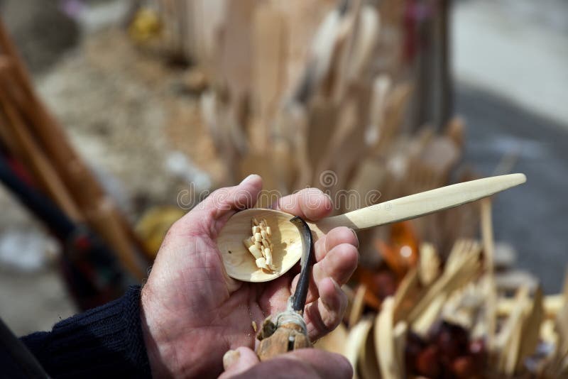 Process of Making a Carved Wooden Spoon on Hand Stock Photo - Image of ...