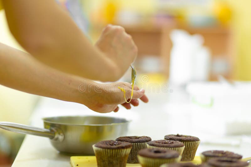 The Process of Making Chocolate Cupcakes with Sweet Cream. Creation of ...