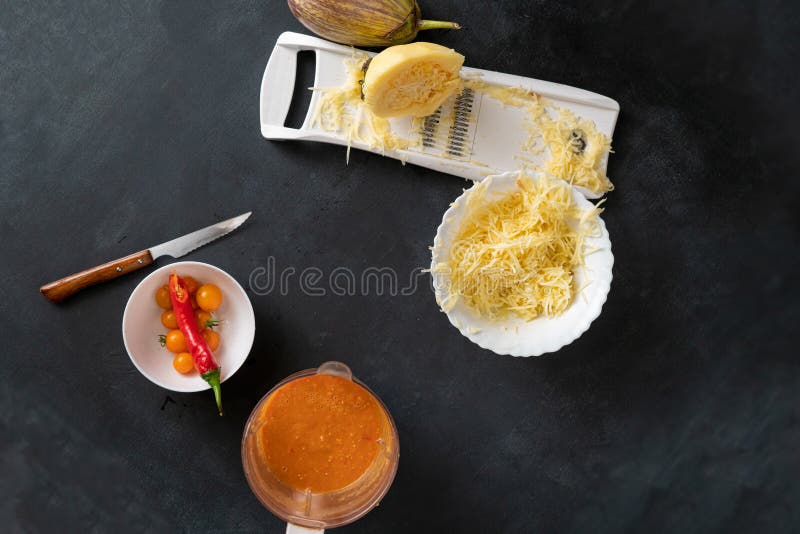 Process of Making and Cooking the Cut Zucchini Pasta Spaghetti on the ...