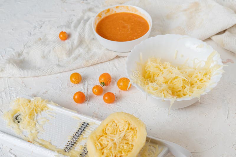 Process of Making and Cooking the Cut Zucchini Pasta Spaghetti on the ...