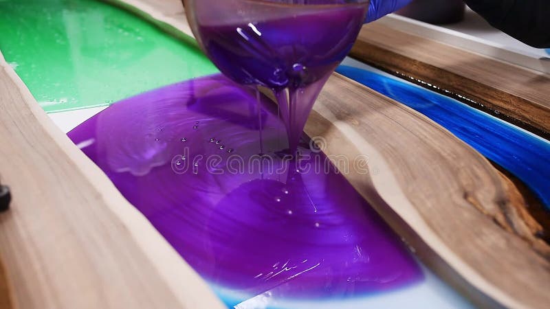 Process Making of a Craft Resin and Wood Table. Liquid Epoxy is Poured ...
