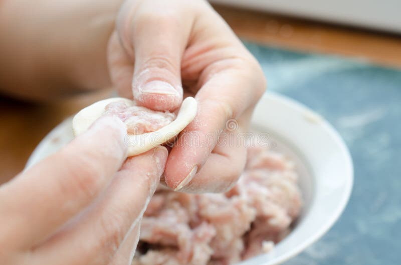 The Process of Making Delicious Home-made Dumplings with Meat. Stock ...