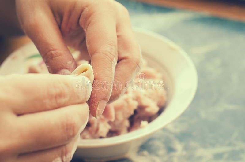 The Process of Making Delicious Home-made Dumplings with Meat. Stock ...