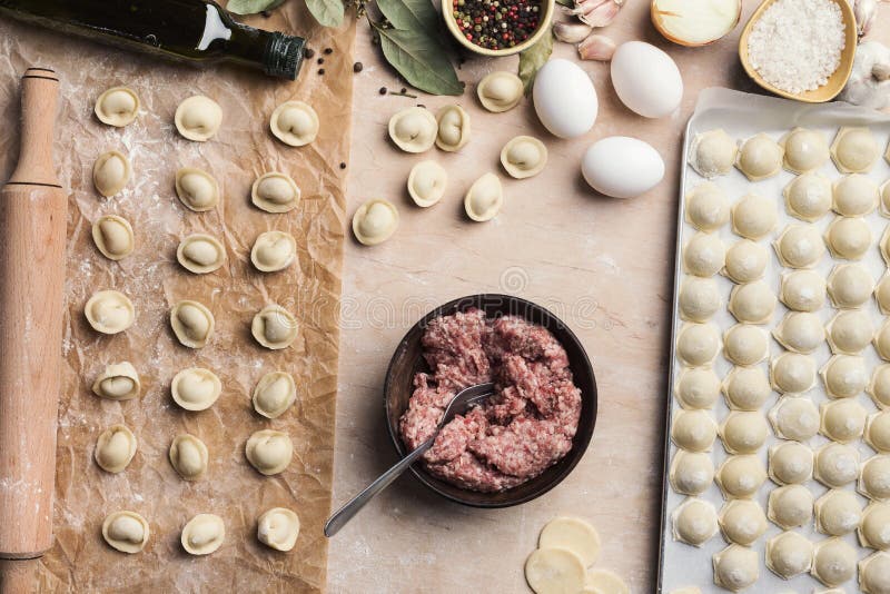 Process of Making Dumplings with Meat on Wooden Table Stock Image ...