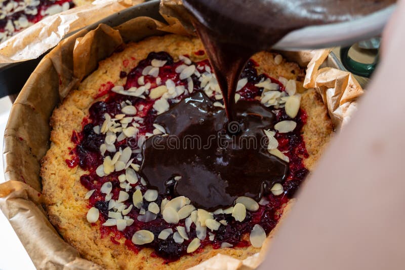 Making Fruit and Chocolate Pie on Shortcrust Pastry Stock Photo - Image ...