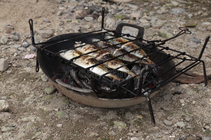 The Process of Making Grilled Fish that is Burned Over Coconut Shell ...