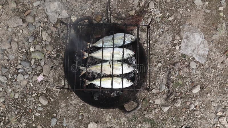 The Process of Making Grilled Fish that is Burned Over Coconut Shell ...