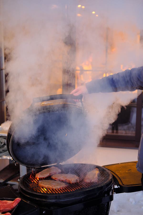 The Process of Making Grilled Steaks on an Open Fire Stock Image ...