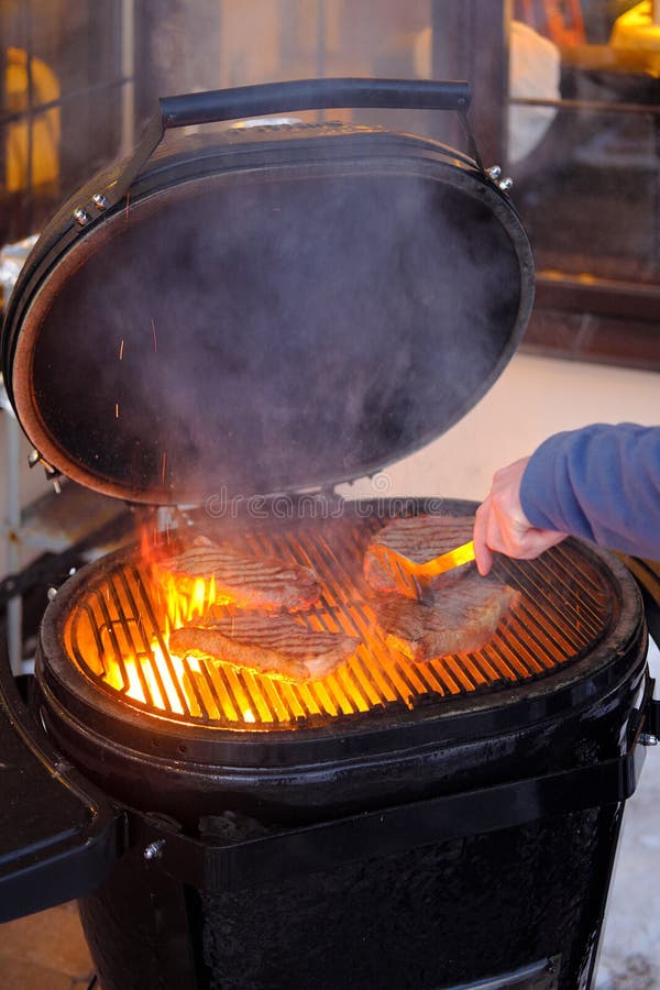 The Process of Making Grilled Steaks on an Open Fire Stock Photo ...