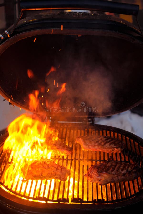 The Process of Making Grilled Steaks on an Open Fire Stock Photo ...