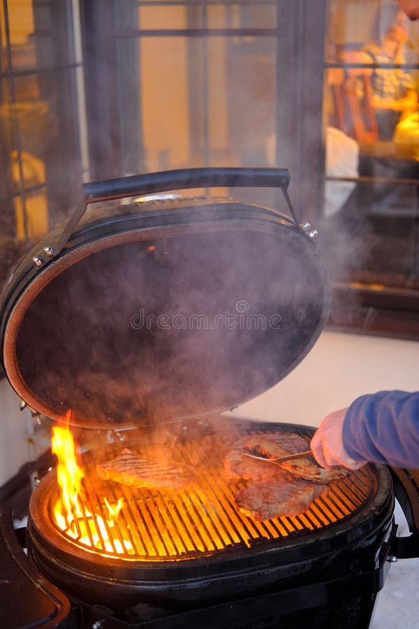 The Process of Making Grilled Steaks on an Open Fire Stock Photo ...