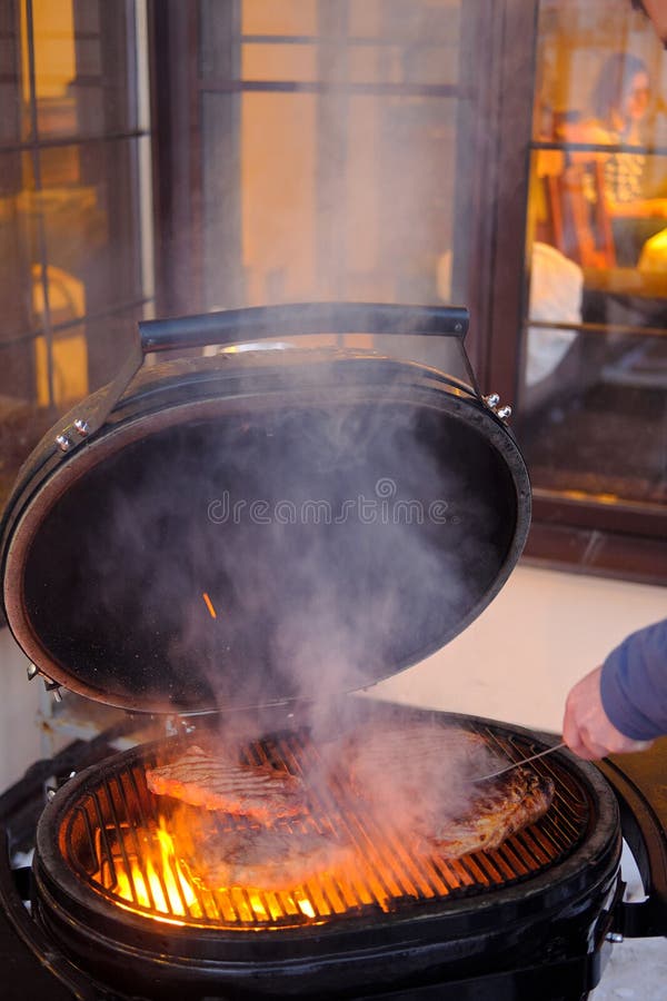 The Process of Making Grilled Steaks on an Open Fire Stock Photo ...