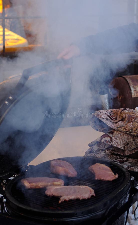 The Process of Making Grilled Steaks on an Open Fire Stock Image ...