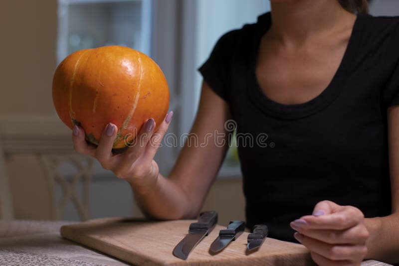 The Process of Making a Halloween Pumpkin. Horror Theme and Hallowe`en ...