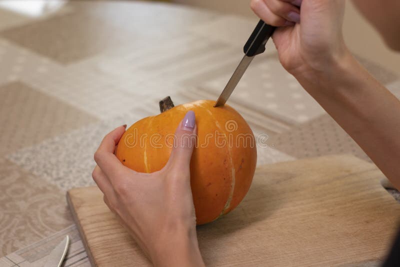 The Process of Making a Halloween Pumpkin. Horror Theme and Hallowe`en ...