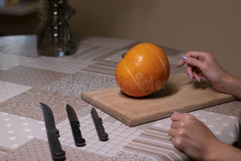 The Process of Making a Halloween Pumpkin. Horror Theme and Hallowe`en ...