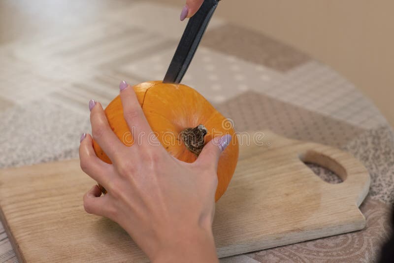 The Process of Making a Halloween Pumpkin. Horror Theme and Hallowe`en ...