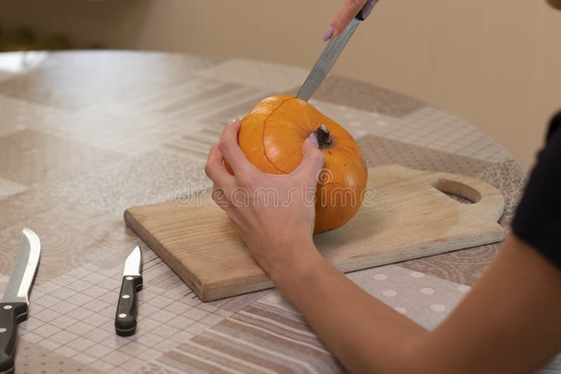 The Process of Making a Halloween Pumpkin. Horror Theme and Hallowe`en ...