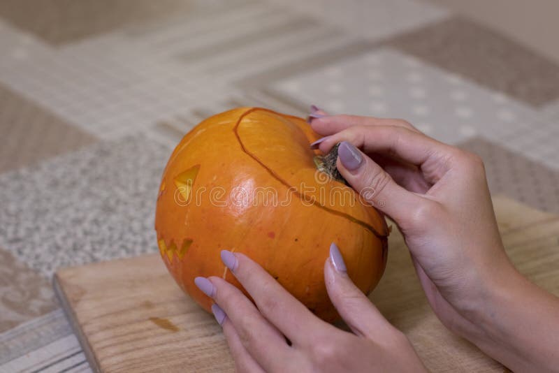 The Process of Making a Halloween Pumpkin. Horror Theme and Hallowe`en ...