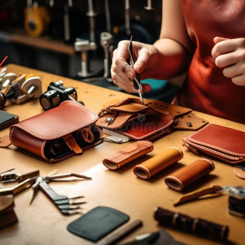 The Process of Making Leather Goods. the Hands of the Master Work with ...