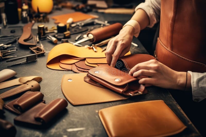 The Process of Making Leather Goods. the Hands of the Master Work with ...