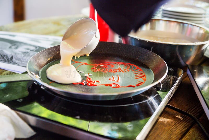 Process of Making Pancakes, Drawing in a Frying Pan Stock Photo - Image ...