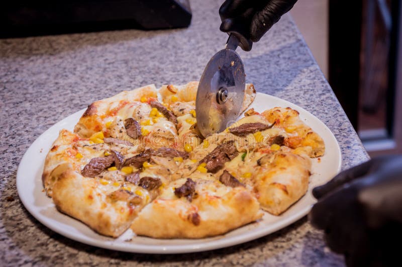 The Process of Making Pizza. Hands of Chef Baker Making Pizza at Cafe ...