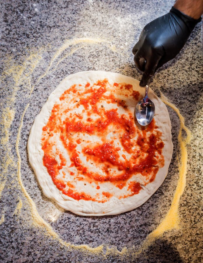 The Process of Making Pizza. Hands of Chef Baker Making Pizza at Cafe ...