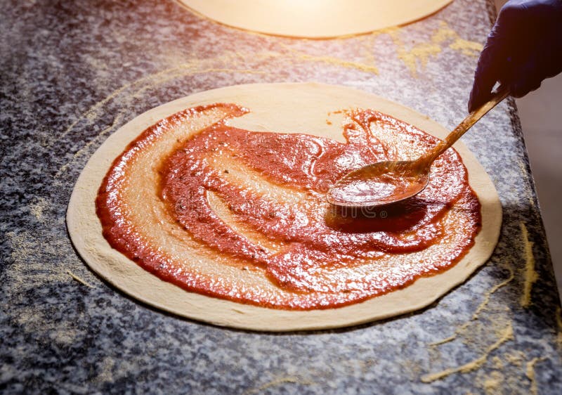 The Process of Making Pizza. Hands of Chef Baker Making Pizza at Cafe ...