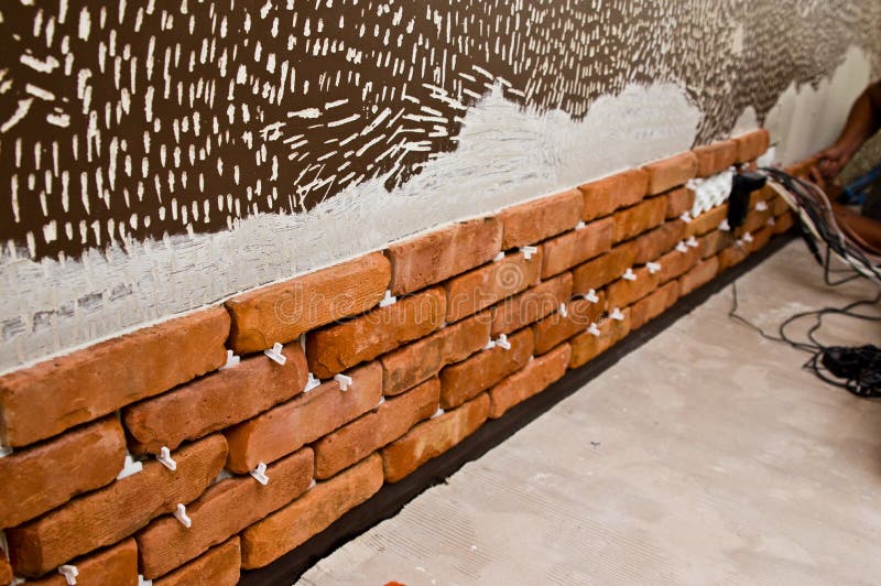 Process of Making a Red Brick Wall, Home Renovation Stock Image - Image ...