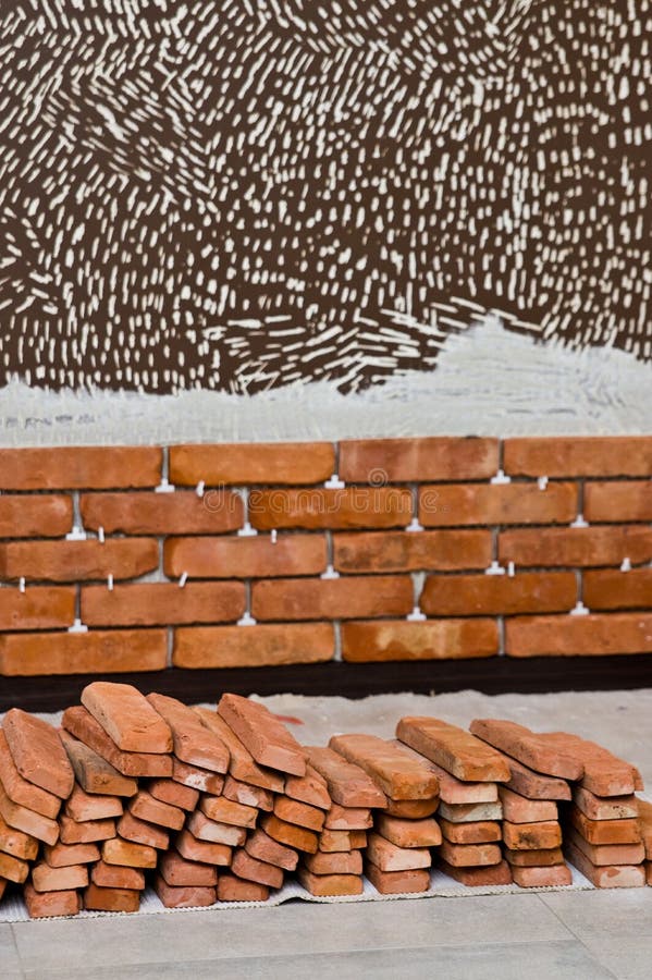 Process of Making a Red Brick Wall, Home Renovation Stock Photo - Image ...