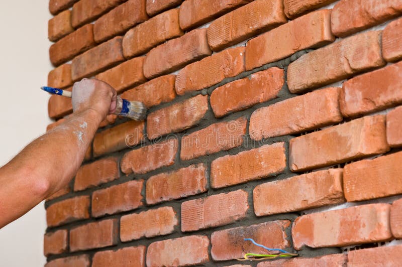 Process of Making a Red Brick Wall, Home Renovation Stock Image - Image ...