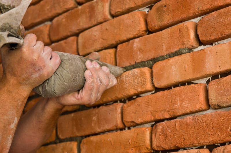 Process of Making a Red Brick Wall, Home Renovation Stock Photo - Image ...